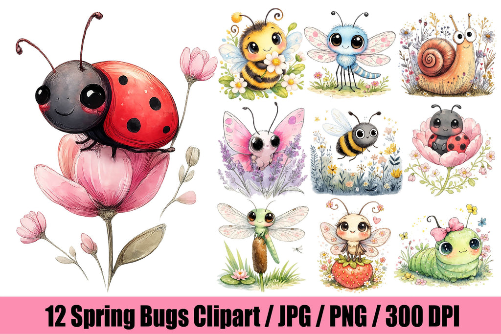 12 Spring Bugs Clipart Bundle, Watercolor Insects PNG - So Fontsy