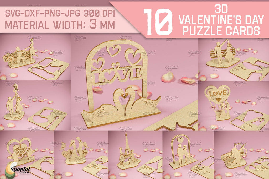 3D Valentine's Day Puzzle Card. Bundle. Lasercut Design - So Fontsy