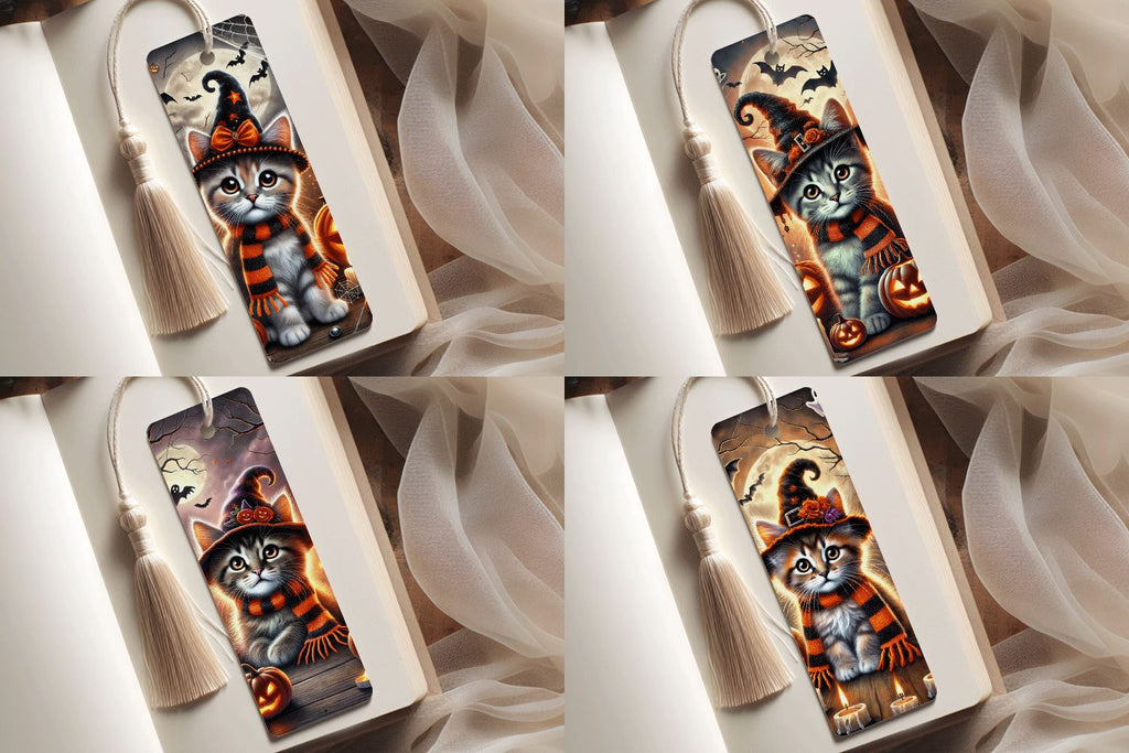 4 Printable Halloween Bookmarks, Cute Kitten Bookmarks - So Fontsy