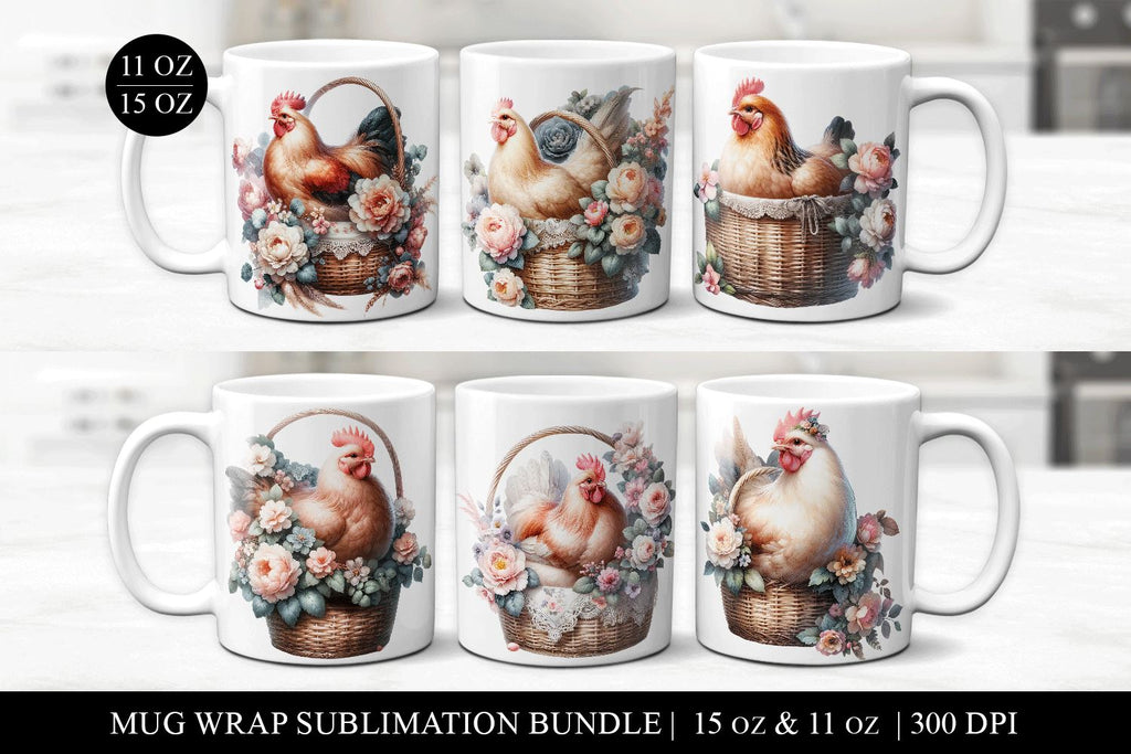 6 Farmhouse Chickens Sublimation Mug Wrap Bundle - 11 & 15oz - So Fontsy