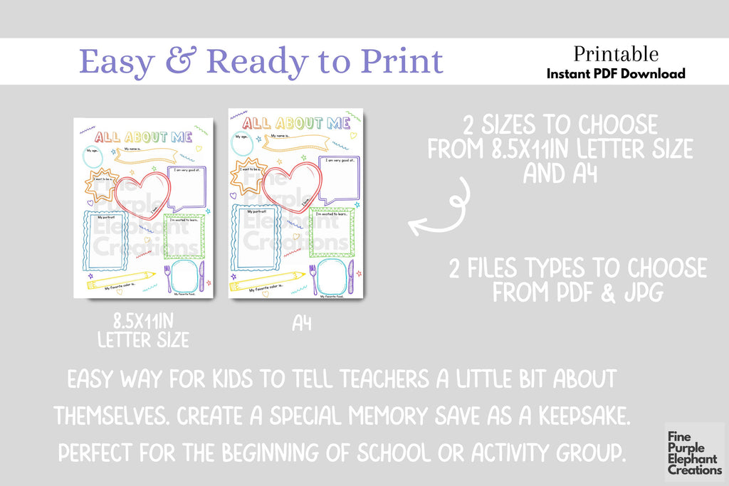 All About Me Printable Digital Worksheet - Back to School - So Fontsy