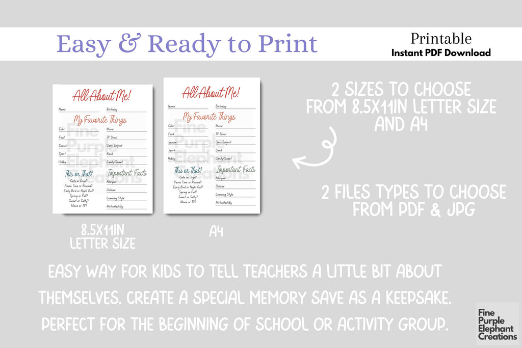 All About Me Printable Worksheet Middle High Back School - So Fontsy