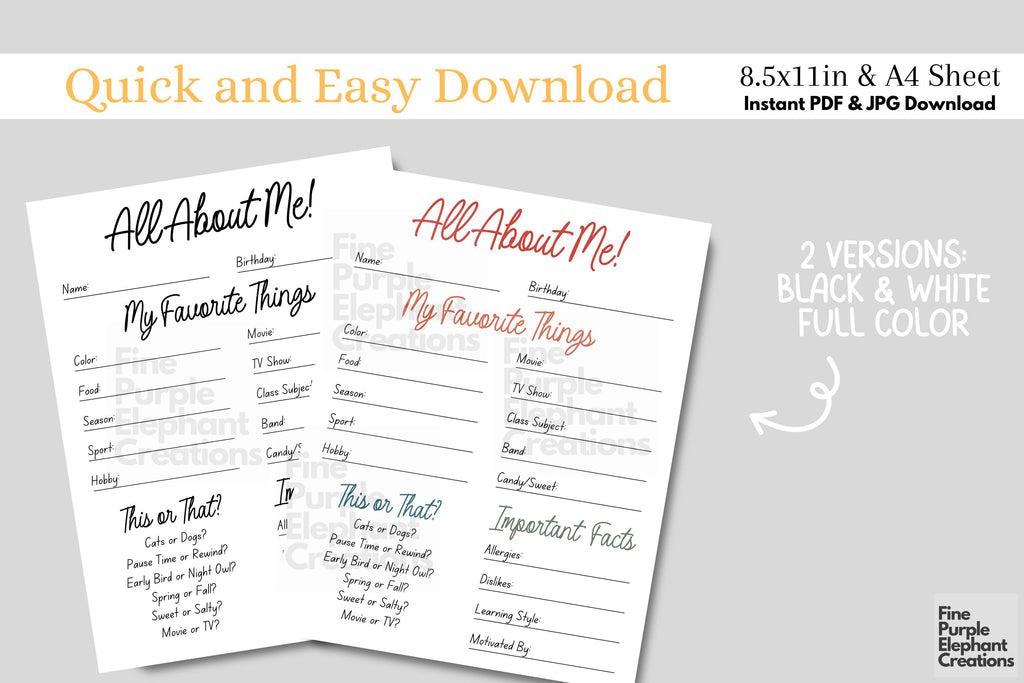All About Me Printable Worksheet Middle High Back School - So Fontsy