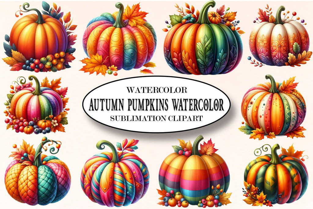 Autumn Pumpkins Watercolor Clipart, PNG - So Fontsy