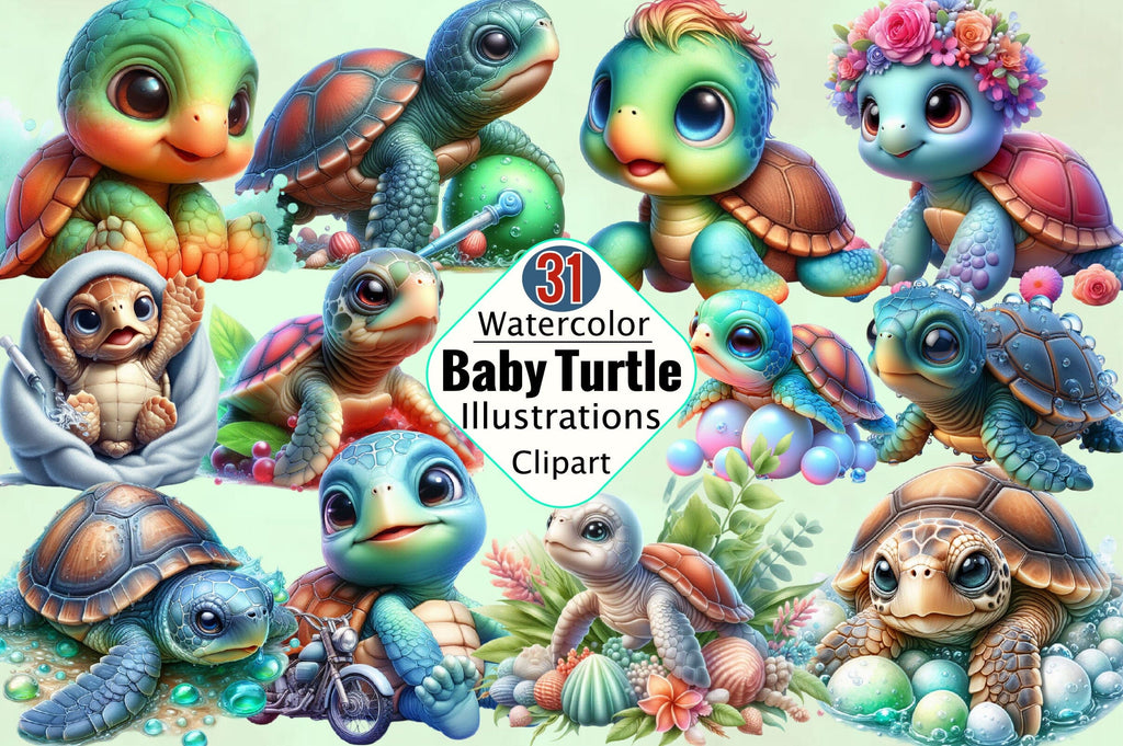 Baby Turtle Sublimation Clipart PNG Bundle - So Fontsy