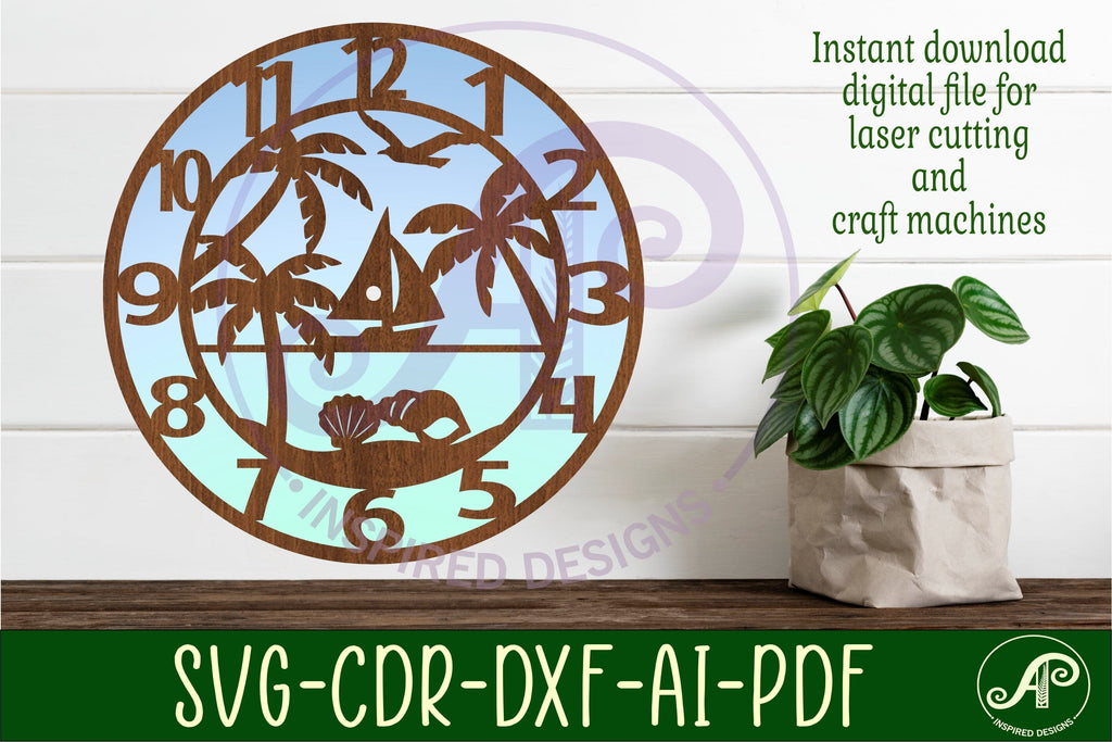 Beach scene wall clock laser cut files, SVG file. - So Fontsy