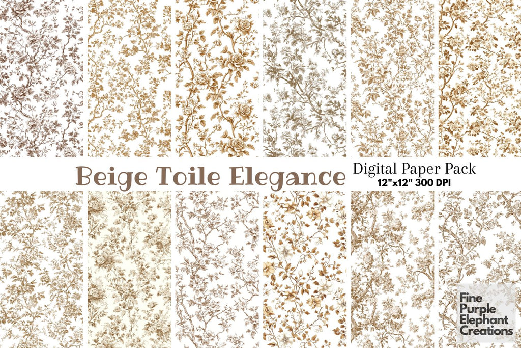 Beige Toile Elegance Digital Paper - Delicate Floral Garden Chinoiserie - So Fontsy