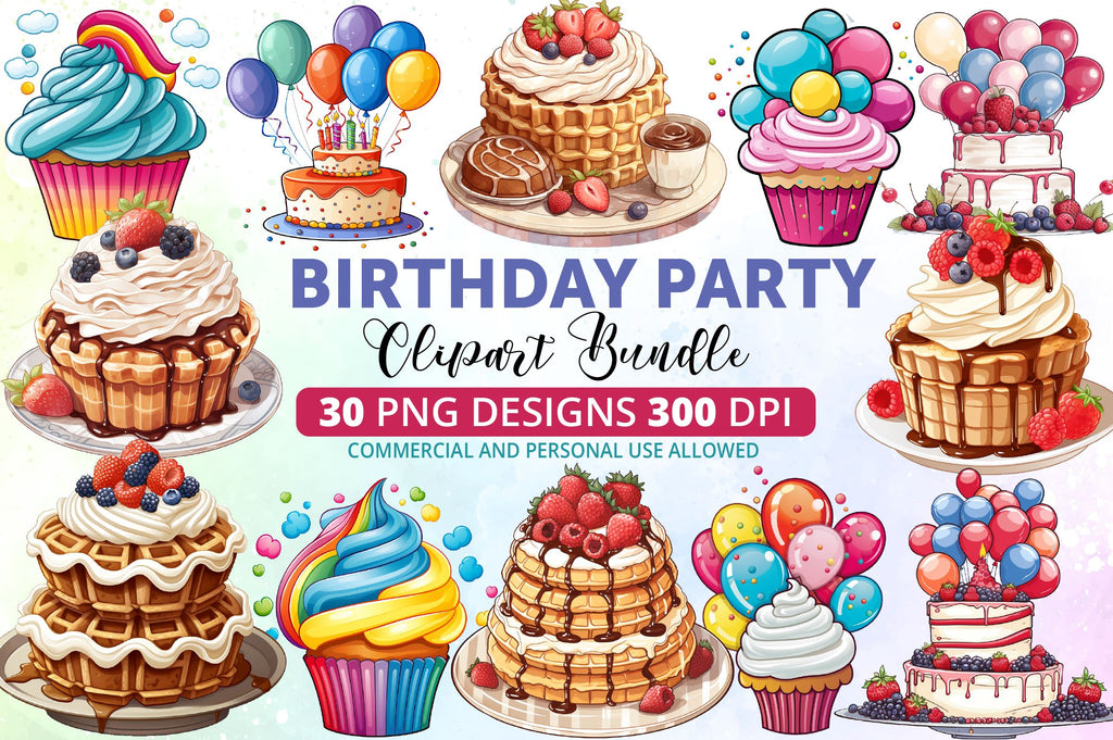 Birthday Party Watercolor Clipart Bundle - So Fontsy