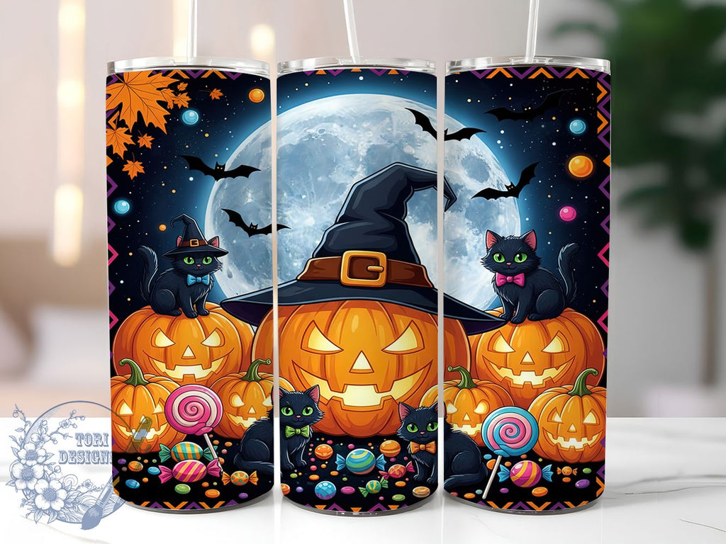 Black Cat Pumpkin Halloween Tumbler, Pumpkin Candy Cup, Spooky Cat Wrap ...