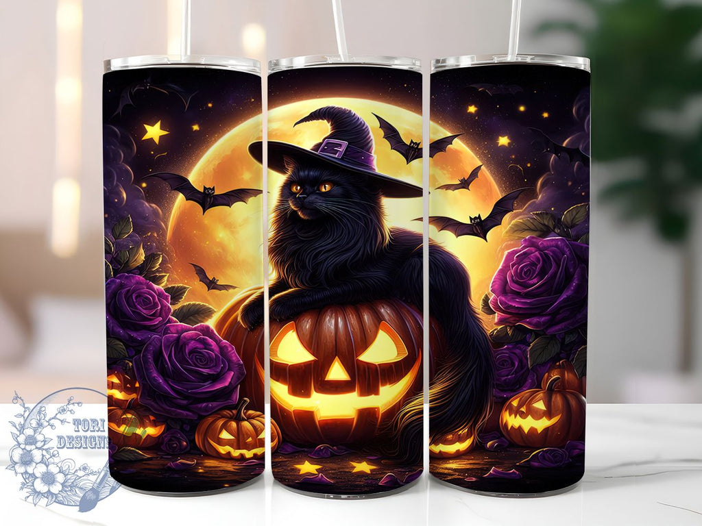 Black Cat Pumpkin Halloween Tumbler, Spooky Cat Cup Wrap, 20Oz ...