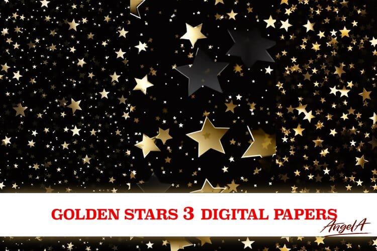 Black faux sequin digital paper / Gold stars digital paper - So Fontsy