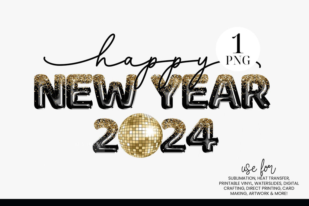 Black & Gold Happy New Year 2024 Sublimation Design - So Fontsy