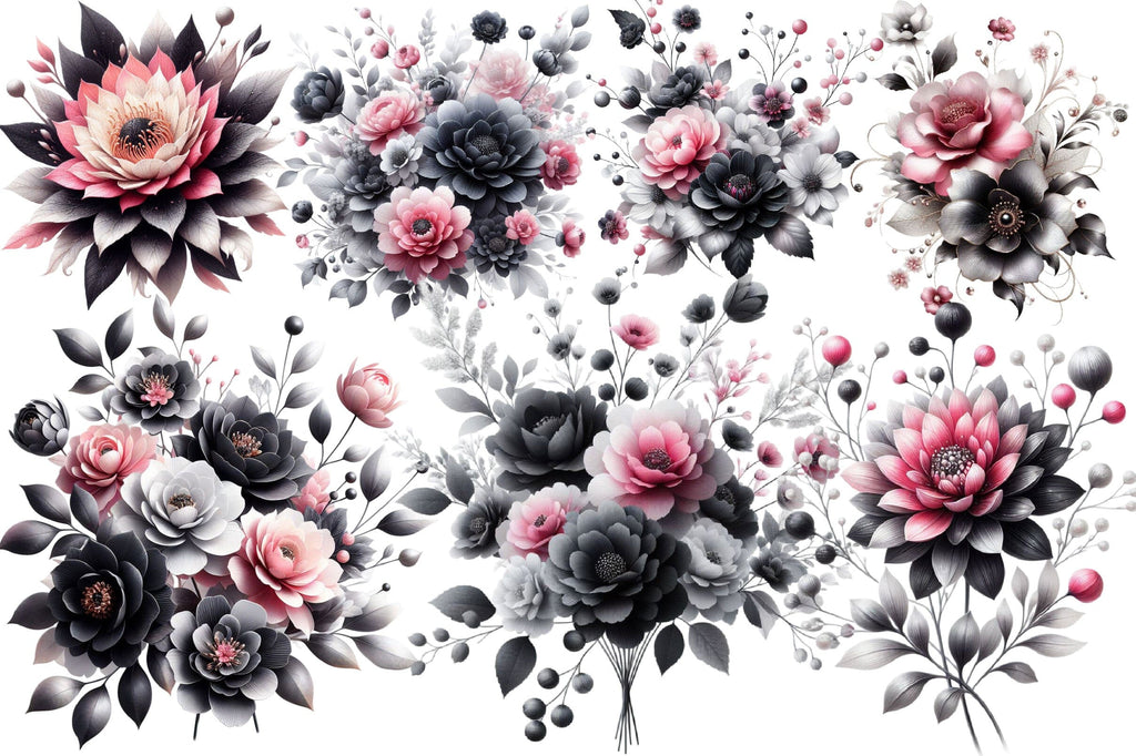 Black, Pink and Silver Floral Clipart-01 - So Fontsy