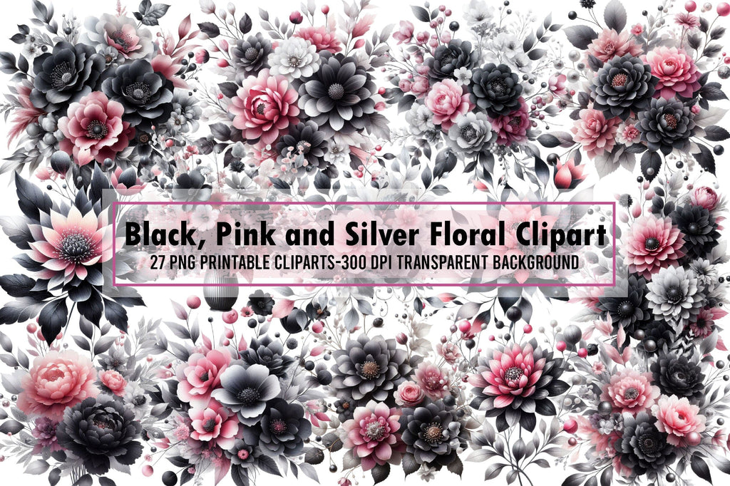 Black, Pink and Silver Floral Clipart-01 - So Fontsy