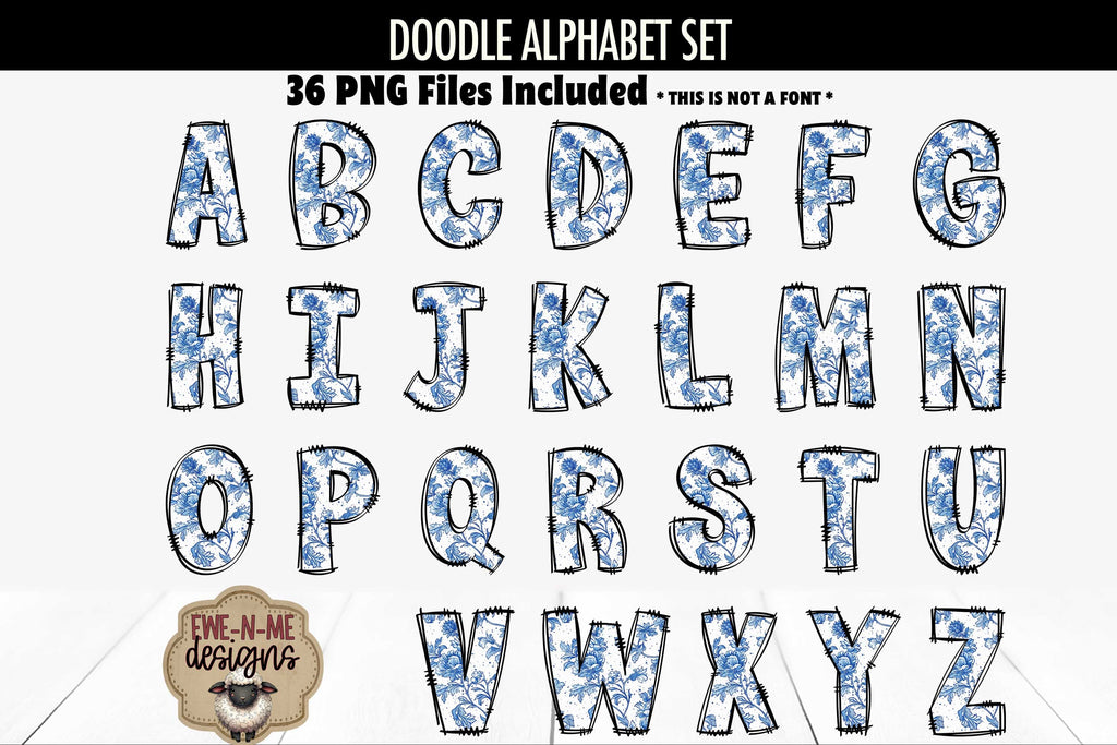 Blue Chinoiserie Doodle Alphabet Numbers | Toile Letters PNG Files - So ...