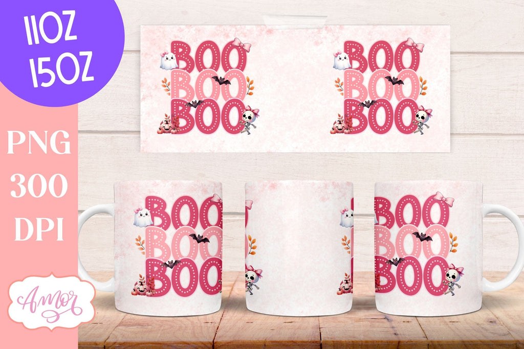 Boo mug wrap sublimation PNG | Pink Halloween mug png - So Fontsy