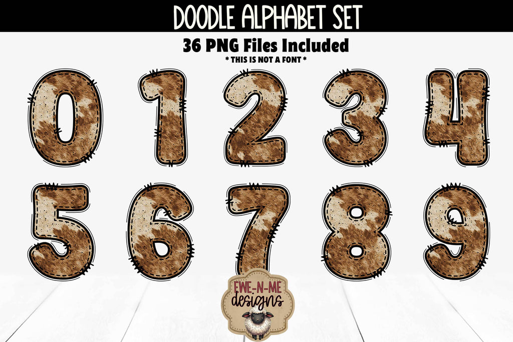 Brown Cowhide Doodle Alphabet Number | Cow Print PNG Letters - So Fontsy