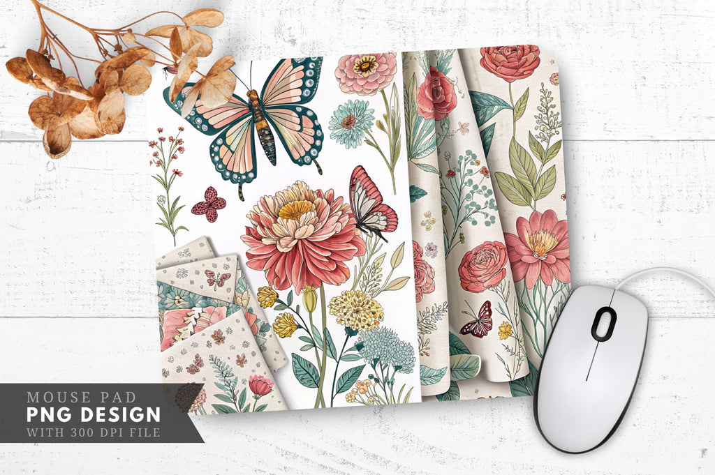 Butterfly And Floral Hand-Printed Textiles Mouse Pad PNG - So Fontsy