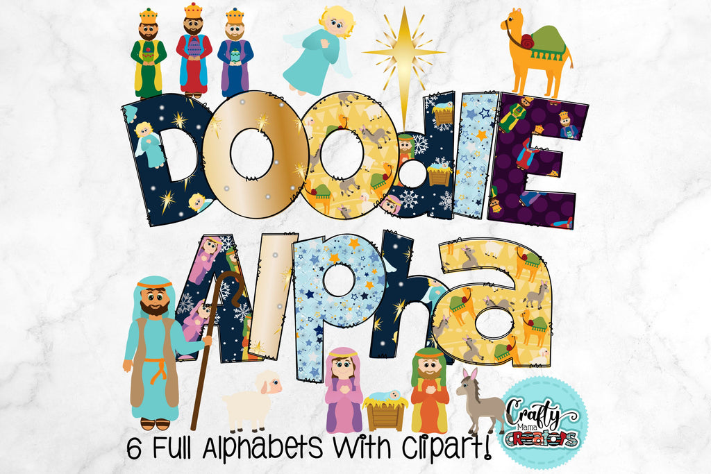 Christian Christmas Doodle Alphabet, Nativity Set Clipart - So Fontsy