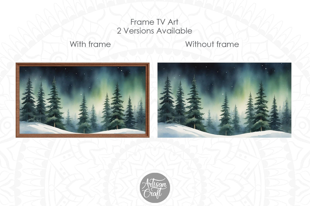 Christmas Frame TV art, pine tree forest, aurora borealis | So Fontsy