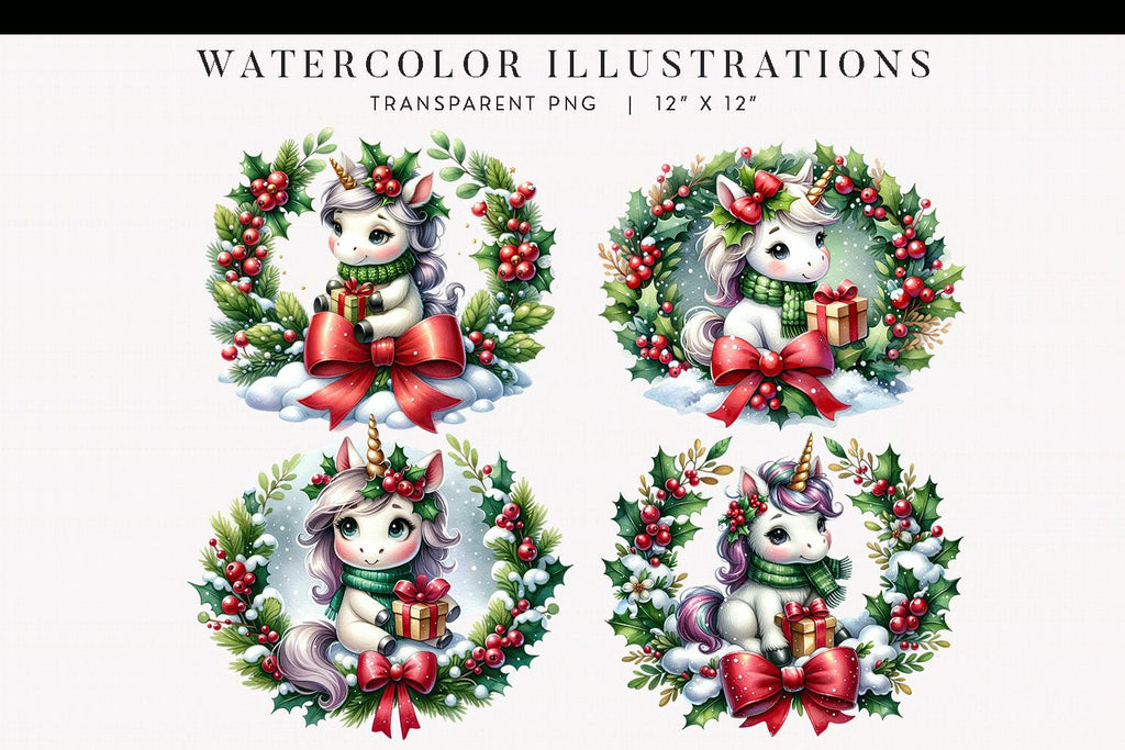 Christmas Unicorns Watercolor Clipart - So Fontsy