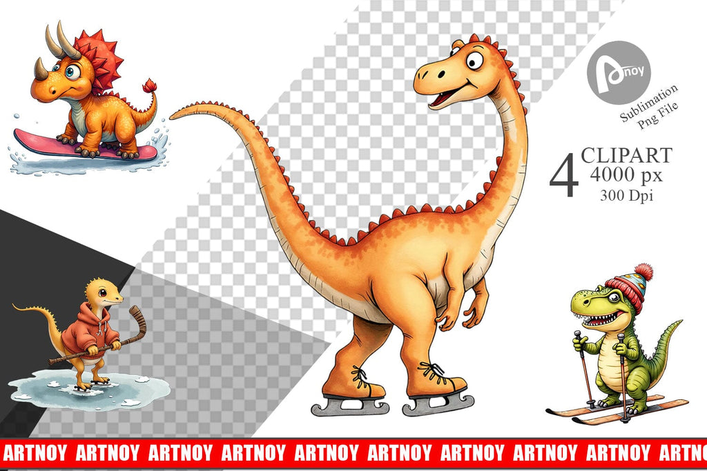Clipart UglyCute Dinosaur Winter Sports Watercolor Art - So Fontsy