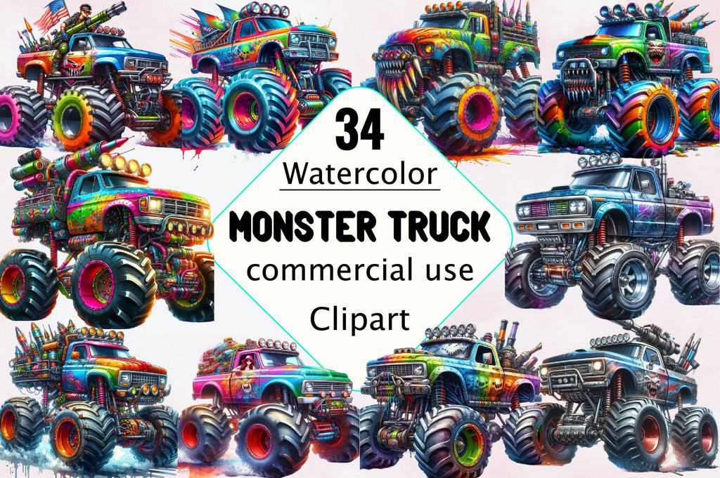 Colorful Monster Truck Clipart Bundle - So Fontsy
