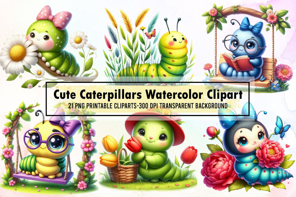 Cute Caterpillars Watercolor Clipart - So Fontsy