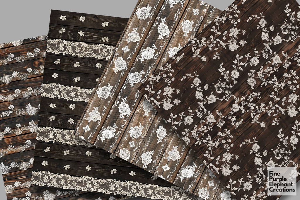 Dark Brown Wood White Lace Digital Paper | Farmhouse Filigree Rustic ...