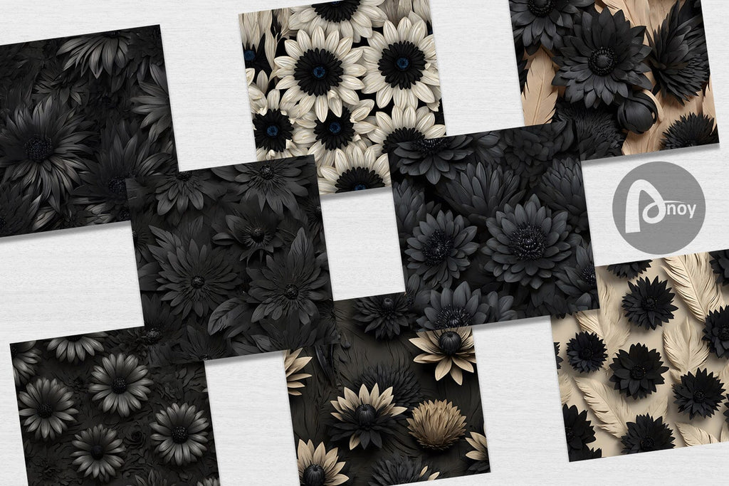 Digital Paper Black Flowers - So Fontsy