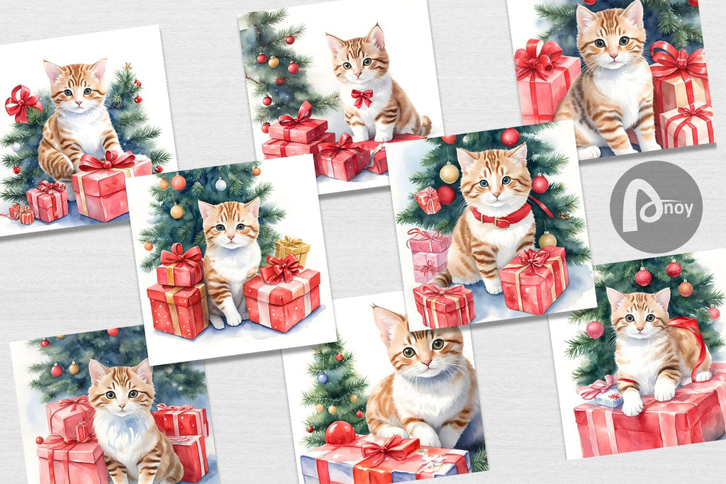 Digital Paper Watercolor Christmas Cat - So Fontsy