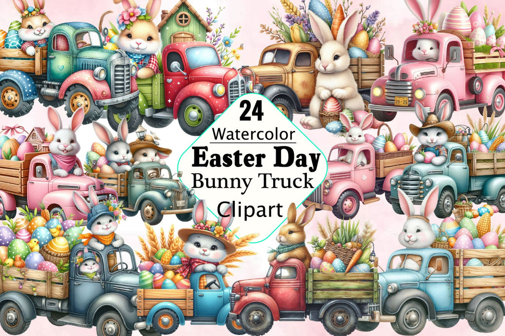 Easter Bunny In Farm Trucks Sublimation Clipart Bundle - So Fontsy