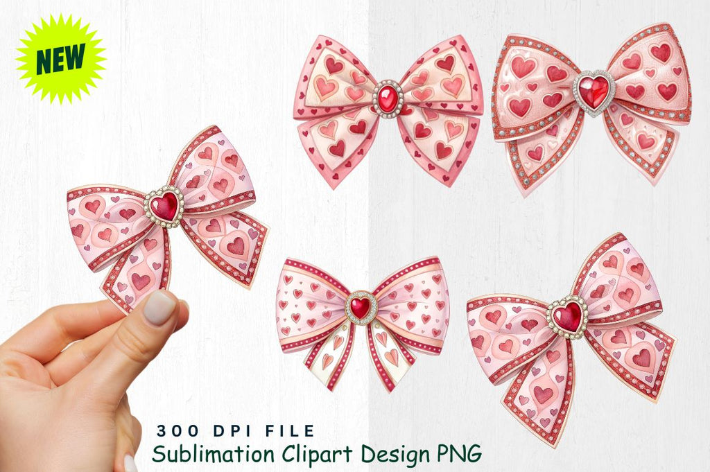 Elegant Pink and Red Bow with Heart Gem Clipart - So Fontsy