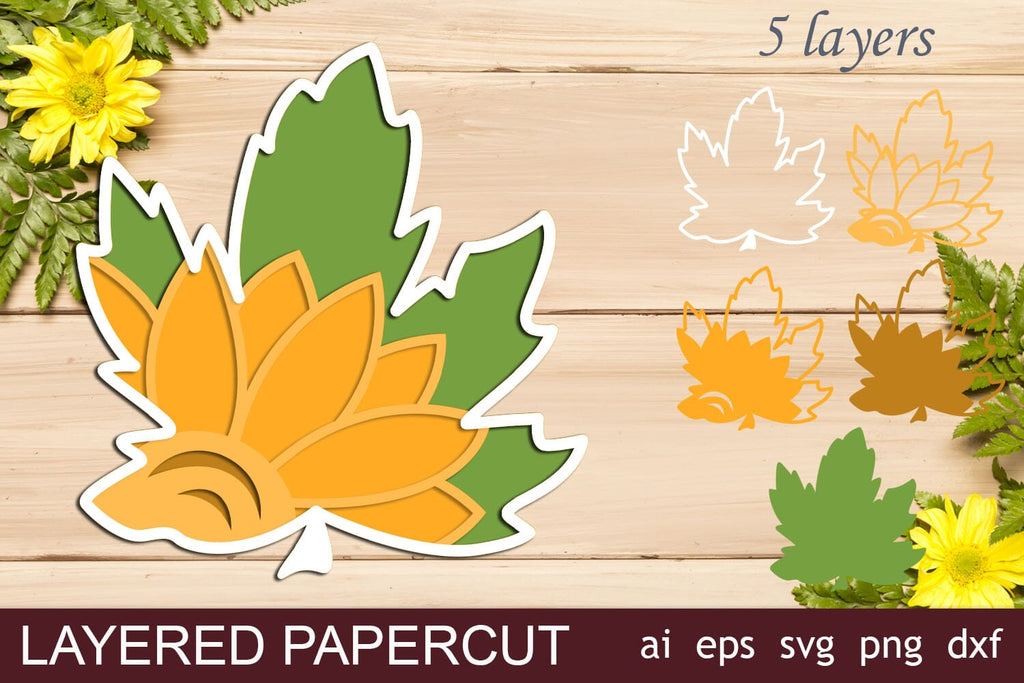 Fall 3d layered decor, Autumn 3d leaf with sunflower svg, Papercut ...