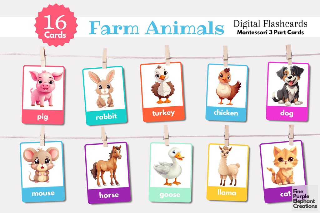 Farm Animals Flashcards | Preschool Montessori Cards - So Fontsy