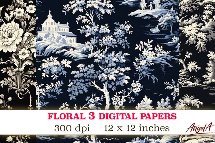 Floral digital paper / Black and white retro floral pattern - So Fontsy