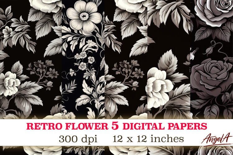 Floral digital paper / Black and white roses retro pattern - So Fontsy