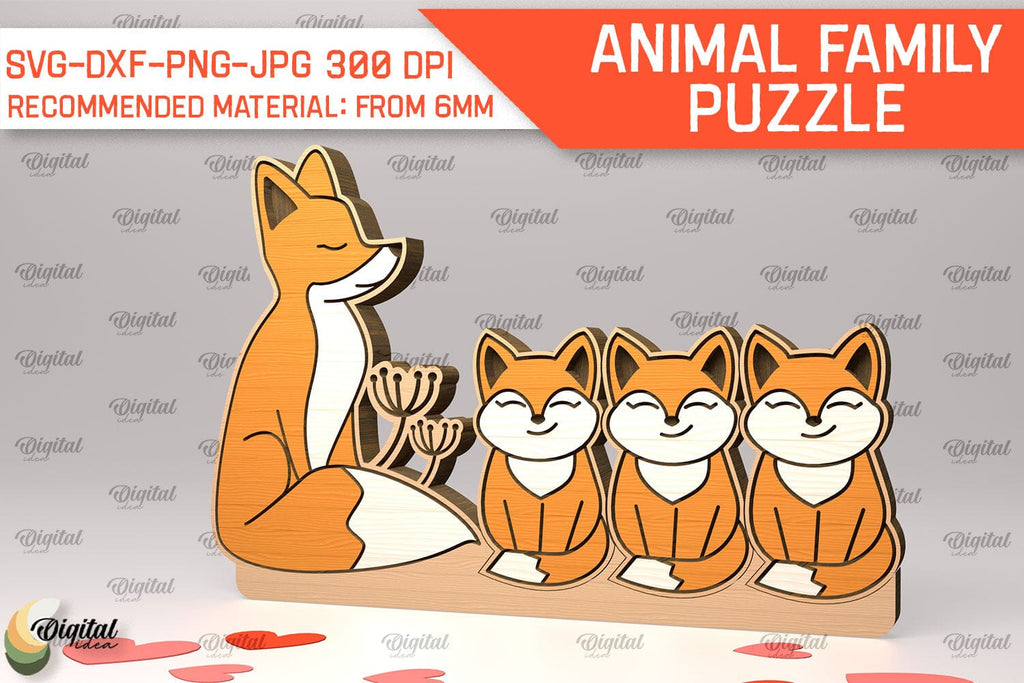 Fox Family Puzzle Laser Cut. Animals Puzzle SVG - So Fontsy