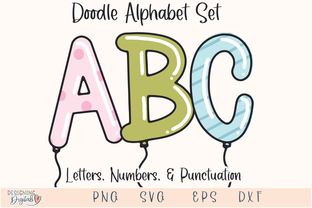 Whimsical Balloon Doodle Alphabet - Regular, Dots, Stripes Options - So ...