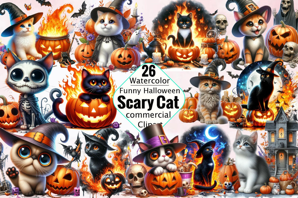 Funny Halloween Scary Cat Sublimation Clipart Bundle - So Fontsy