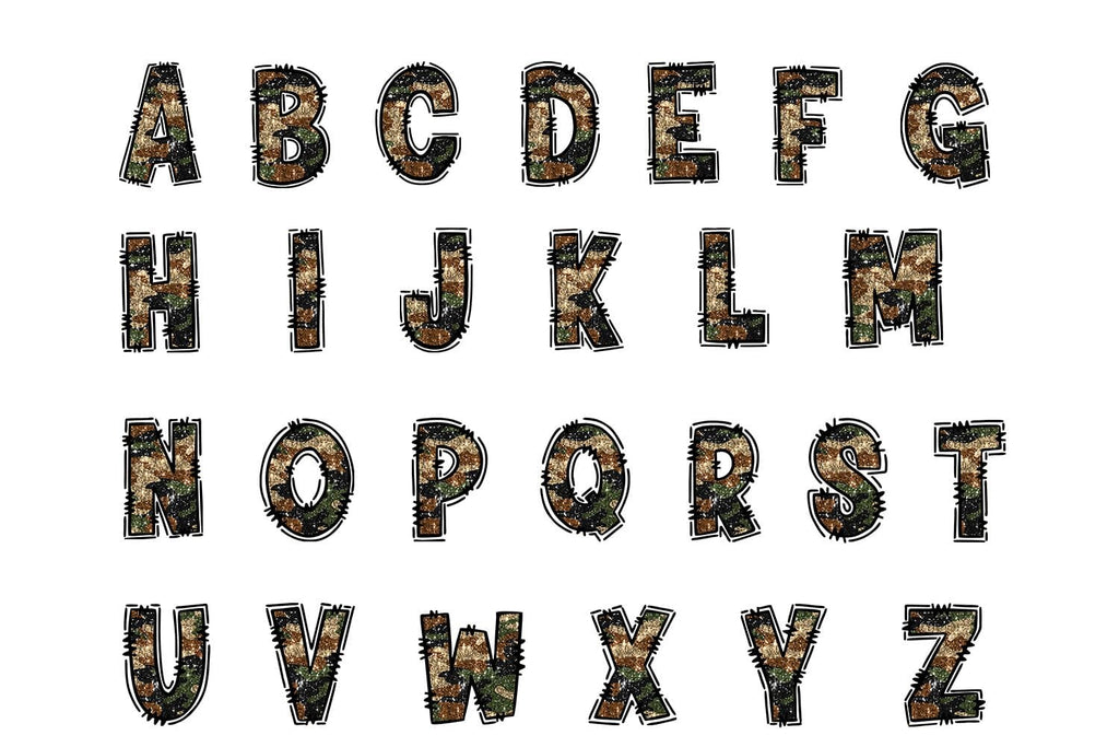 Glitter Camo Alphabet PNG, Sparkle Camouflage Doodle Letters - So Fontsy