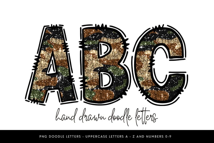 Glitter Camo Alphabet PNG, Sparkle Camouflage Doodle Letters - So Fontsy