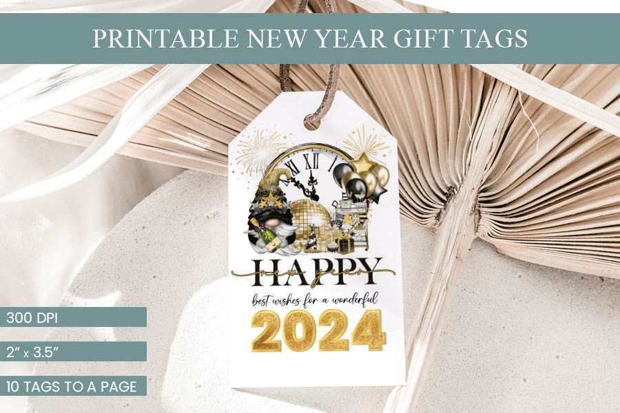 Gnome Happy New Year 2024 Printable Gift Tags - So Fontsy