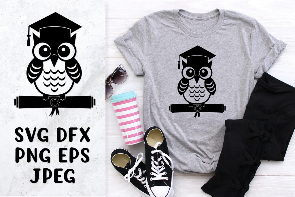 Graduation owl wearing hat. Cute cartoon senior owl SVG - So Fontsy