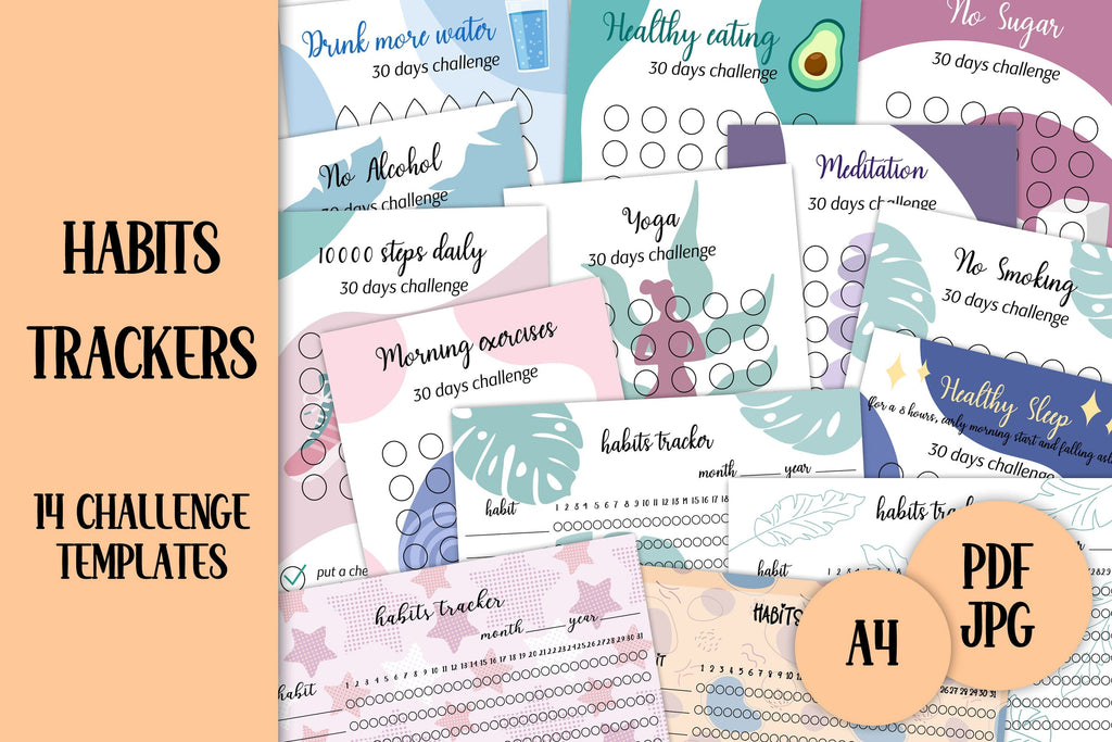 Habits Trackers Templates | A4 PDF Printable Planners Set - So Fontsy