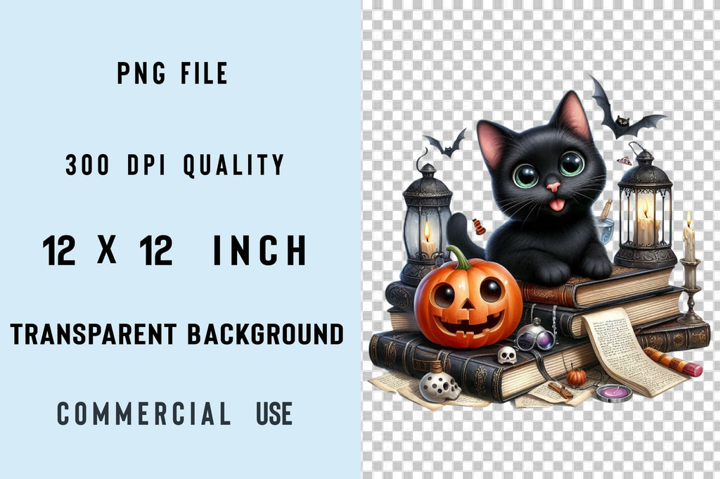 Halloween Black Cat on Books Sublimation Clipart Bundle - So Fontsy