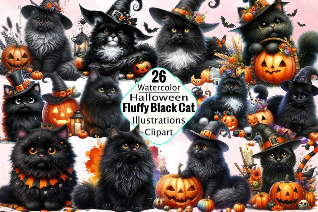 Halloween Fluffy Black Cat Sublimation Clipart Bundle - So Fontsy