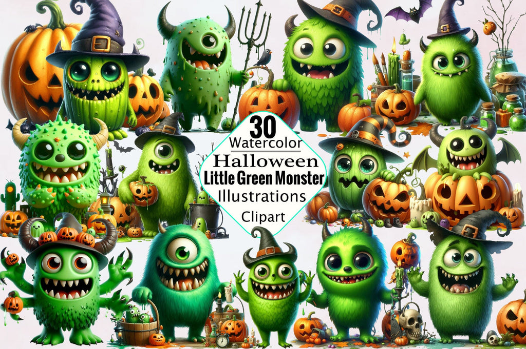 Halloween Little Green Monster PNG Sublimation Clipart Bundle - So Fontsy