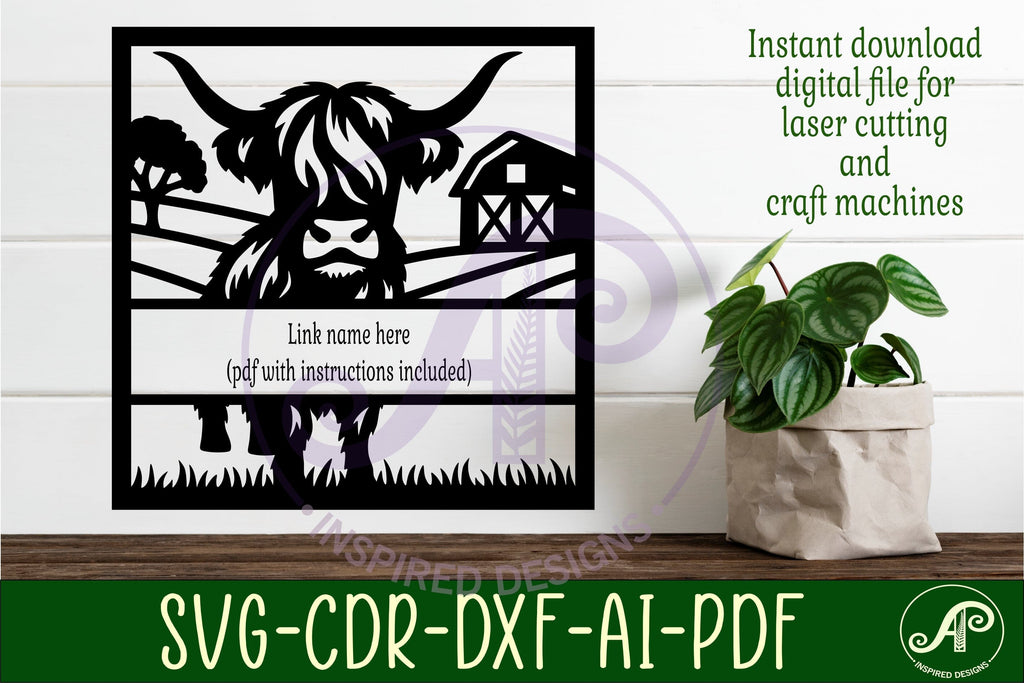 Highland cow name sign design for laser cutting or cards - So Fontsy