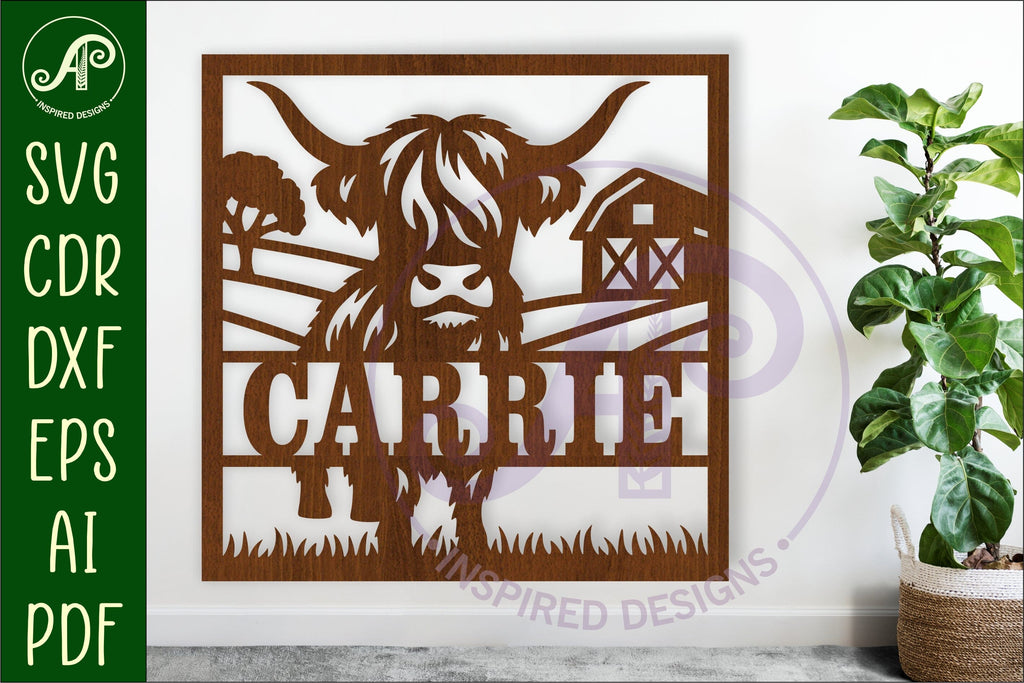 Highland cow name sign design for laser cutting or cards - So Fontsy